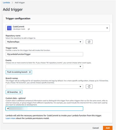 example create an amazon codecommit trigger for an amazon lambda