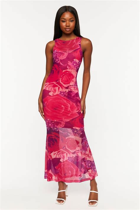 Mesh Floral Print Sleeveless Maxi Dress