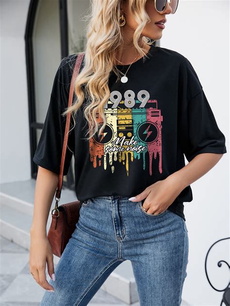 Shein Lune Altavoz Con Con Estampado De Slogan Camiseta De Hombros