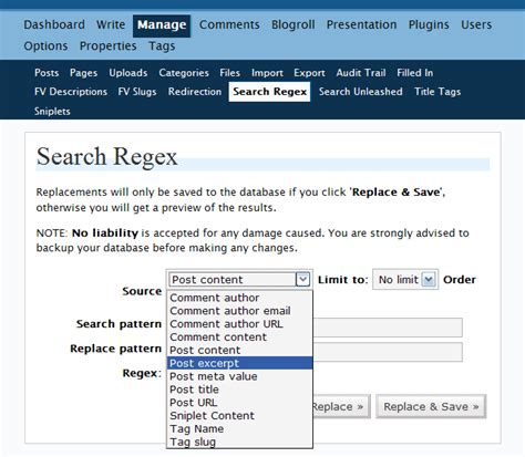 using the search regex plugin for wordpress successfully
