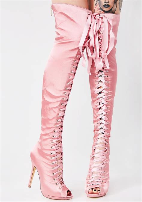 Satin Lace Up Thigh High Boots Thigh High Boots Velvet Thigh High