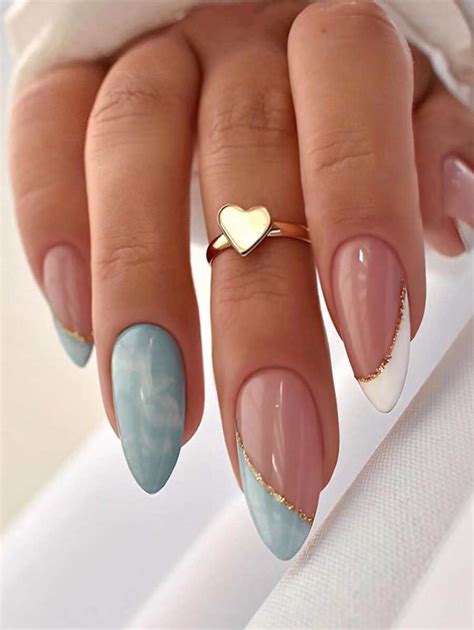 Glamouroso Com 24 Peças Comprido Amêndoa Bloco De Cores Azul Francês