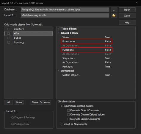 postgresql error retrieving table list on sparx enterprise architect