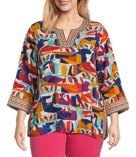 John Mark Plus Size Geometric Print Embroidered Split V Neck 3 4 Sleeve