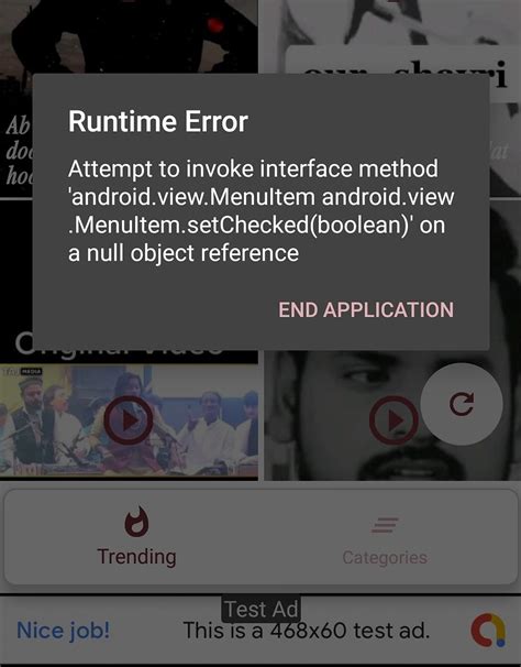 runtime error attempt to invoke interface method android view menuitem