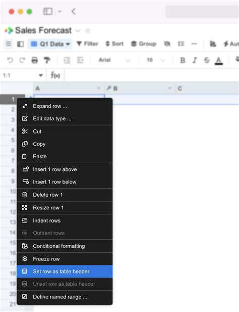 the table header row and table region support