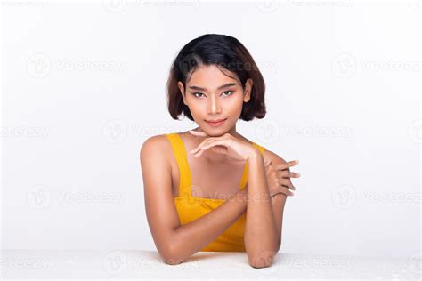 Beautiful Tanned Skin Woman Wear Yellow Dress Open Shoulder With Clean
