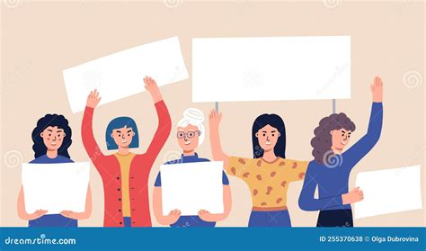 Women Holding Blank Placards Protest For Rights And Social Equality