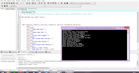 cara membuat program biodata diri dengan dev c