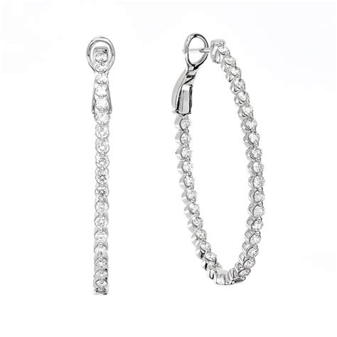 18kt White Gold Single Row Diamond In And Out Hoop Huggies Earring For
