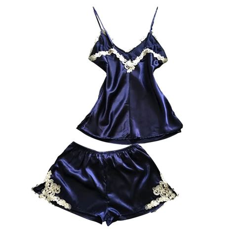 Ladies Sexy Silk Satin Pajama Set Lace Pyjama Set Sleeveless V Neck