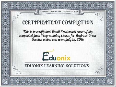 Completion Certificate For Java Programming Course For Beginner From