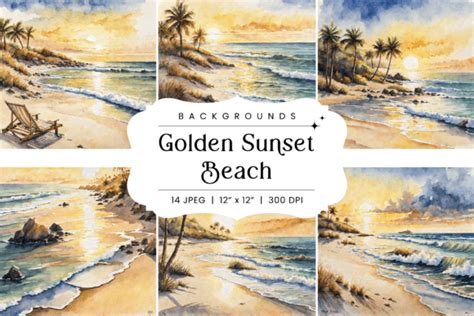 Golden Sunset Beach Watercolor Backgroun Graphic By Finiolla Design