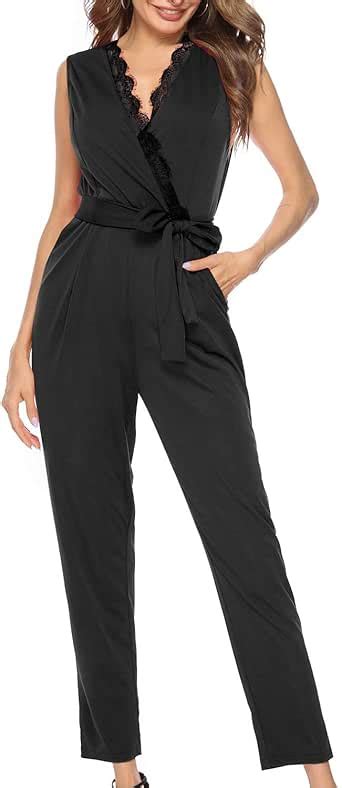 Fancyinn Jumpsuit Damen Sommer Lang V Ausschnitt Spitze Overall Elegant