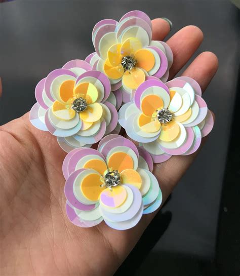 4 2cm Colorful Sequins Flowers Rhinestones Patches Applique Sew On