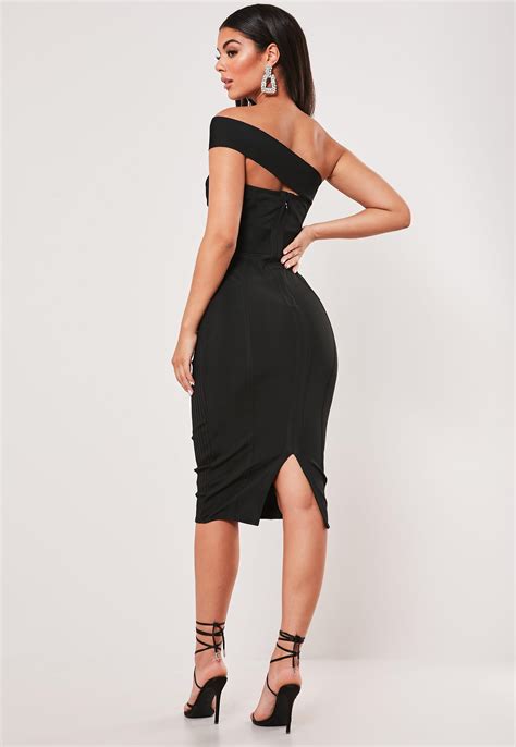 Premium Black Bandage One Shoulder Ribbed Midi Dress Sponsored
