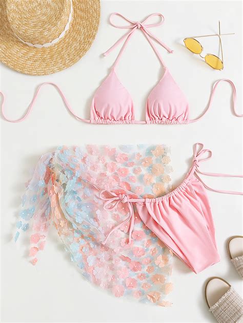 Shein Swim Mod Floral Appliques Bikini Set Triangle Bra And Thong Bottom