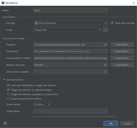 webstorm file watcher an output directory must be specified when