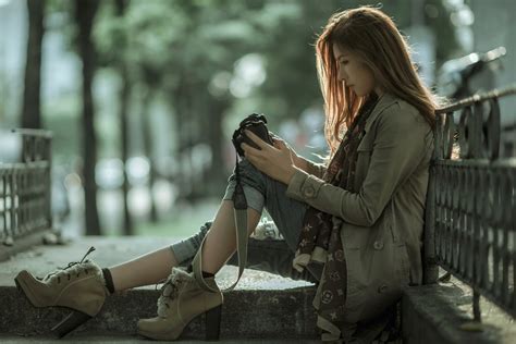Asian Bokeh Side Brown Haired Shrubs Sitting Hands Legs Pose
