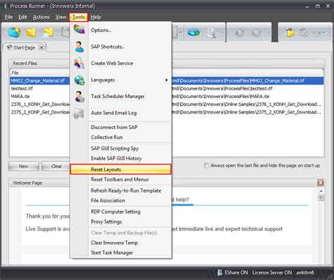 how to reset layout or toolbars and menus