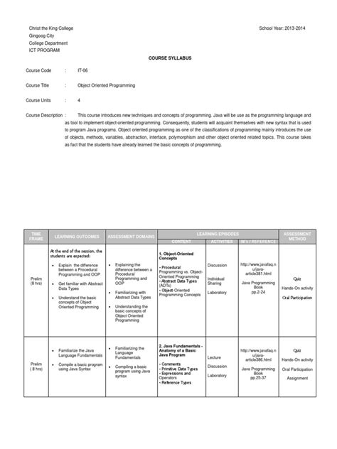 it 06 object oriented programming obe syllabus class