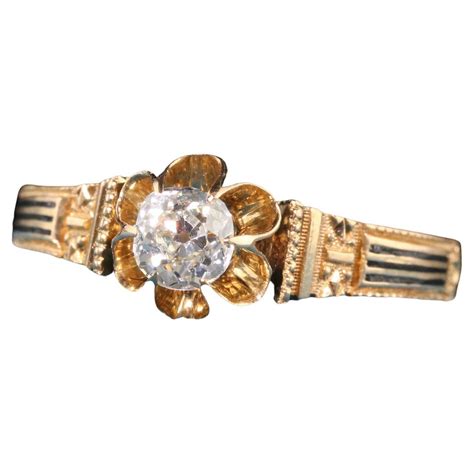 Antique Victorian 18k Yellow Gold Old Mine Cut Diamond Black Enamel