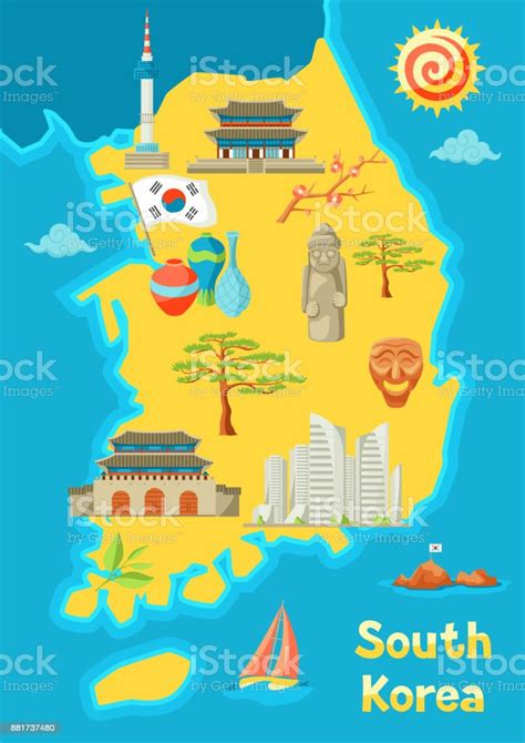 Südkoreamapdesign Koreanische Traditionelle Symbole Und Objekte Stock