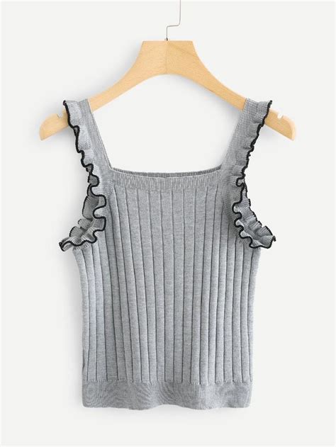 Shein Frill Strap Ribbed Knit Cami Top Knitted Crop Tank Top Sweater