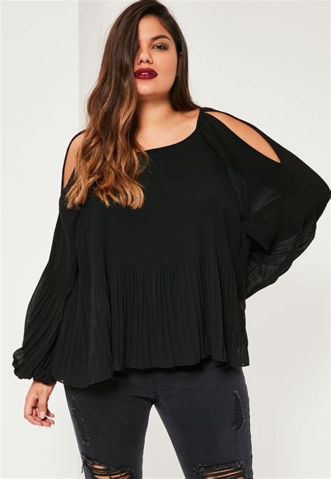 Missguided Plus Size Black Pleated Cold Shoulder Top Plus Size