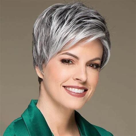 Creamily Pixie Cut Short Grey Wigs With Bangs Natural