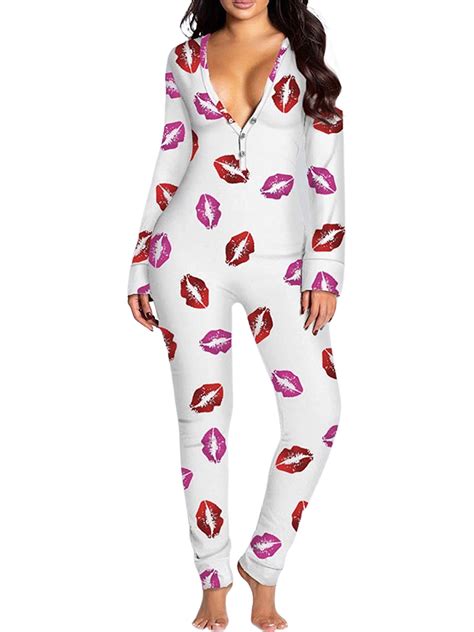 Canrulo Womens Sexy Butt Flap Onesie Pajamas Deep V Neck Jumpsuit Long
