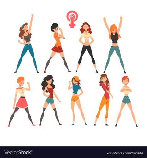 Young Women Showing Fists Set Symbols Of Feminism Vector Image