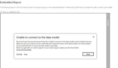 unable to connect to the data model embedded rep microsoft power