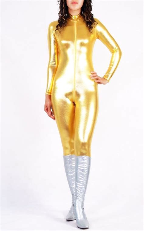 2020 Wholesale Adult One Piece Gold Lycra Mock Neck Zip Front Sexy