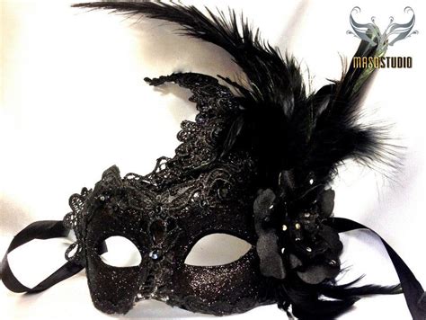 Venetian Style Side Feather Brocade Black Lace Masquerade Ball Mask