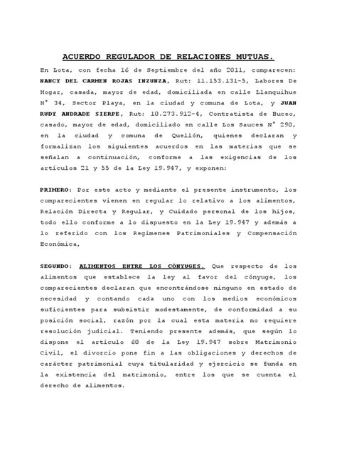 Acuerdo Regulador De Relaciones Mutuas Entre Cónyuges Tras Divorcio Sin