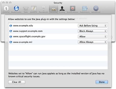 allow the java plug in on a per website basis with java and safari