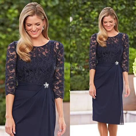 Hot Dark Navy Blue Lace Plus Size Jewel Three Quarter Sleeves Tea