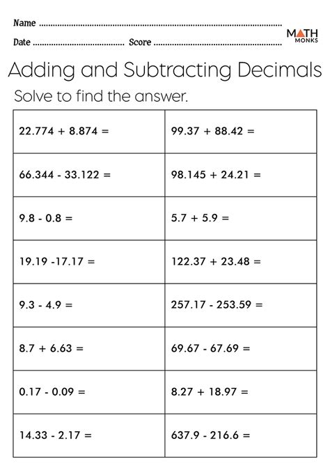 adding and subtracting decimals worksheets math monks