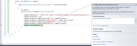 c asp mvc insert statement into db error column name or number