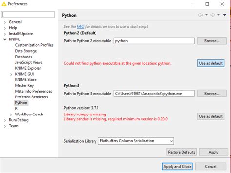knime desktop version 3 7 1 could not start python