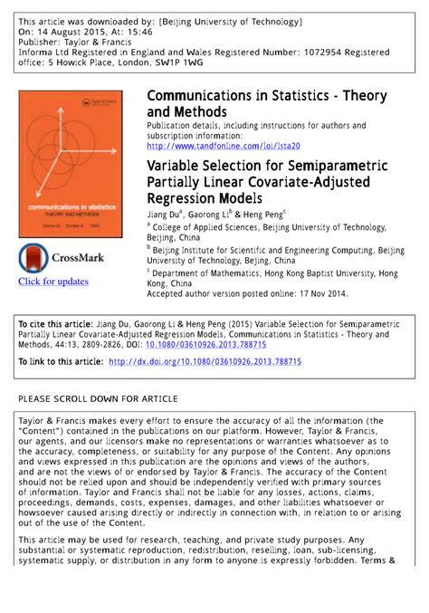 Pdf Variable Selection For Semiparametric Partially Linear Covariate