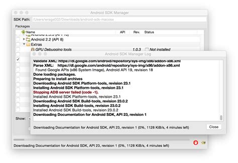 installing android sdk stopping adb server failed code 1 stack