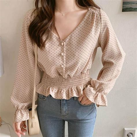 Polka Dot Ruffle Flare Sleeve V Neck Blouse Shirt Dressmaterial