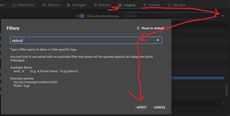 dart how to filter logging of flutter app in intellij console
