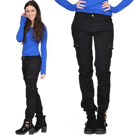 New Womens Ladies Black Slim Fitted Stretch Combat Pants Cargo Trousers