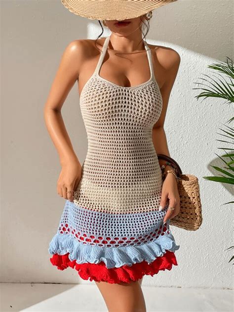 Shein Swim Bohofeel Colorblock Hollow Out Backless Layered Hem Cover Up