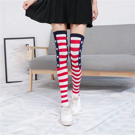 Women Stripe Stars Stripe Tube Stockings Over Knee Thigh High Cute Punk
