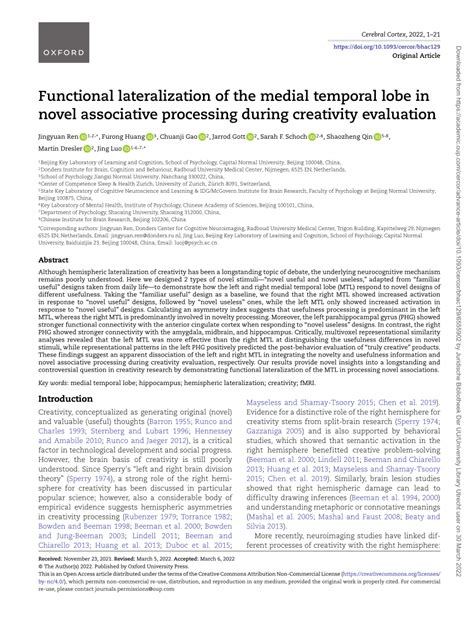 Pdf Functional Lateralization Of The Medial Temporal Lobe In Novel