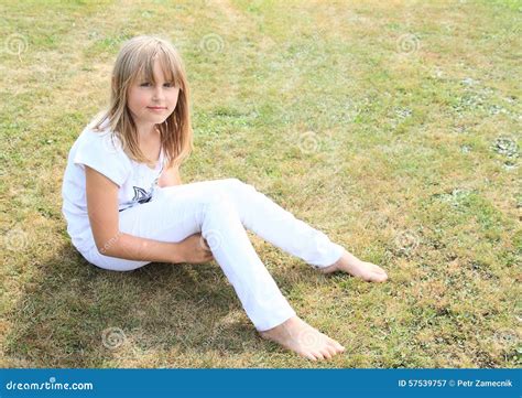 Barefoot Girl On Meadow Stock Image Image Of Blondie 57539757